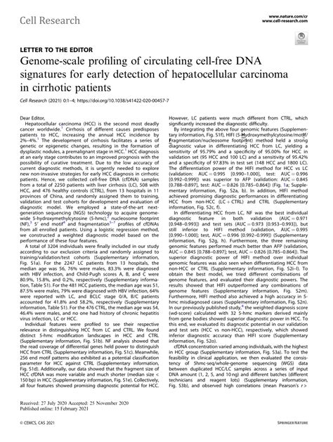 Pdf Genome Scale Profiling Of Circulating Cell Free Dna Signatures For Early Detection Of