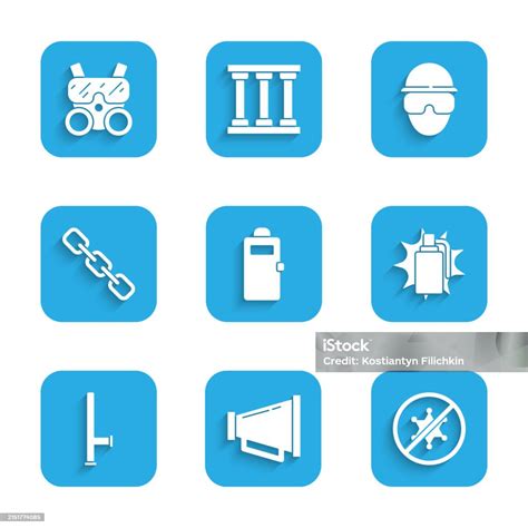 경찰 돌격 방패 확성기 항의 수류탄 고무 봉 체인 링크 특수 부대 군인 및 방독면 아이콘을 설정합니다 벡터 개성 개념에 대한 스톡 벡터 아트 및 기타 이미지 Istock