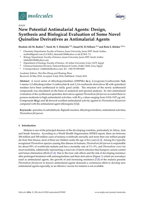 Pdf New Potential Antimalarial Agents Design Synthesis And Biological Evaluation Of Some