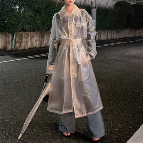 장마대비☔멋쁨 루즈핏 롱 레인 트렌치코트 오버핏 케이프 소매 버튼 벨트 남여공용 여름 장마 시스루 Pvc 화이트 블랙 플라스틱 에나멜 2col 에이블리