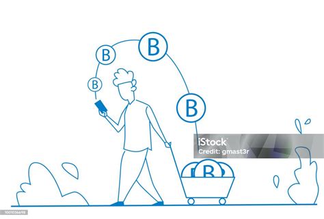 남자 차트 Cryptocurrency 개념 성장 부 캐릭터 실루엣 전체 길이 가로 Bitcoin 모바일 응용 프로그램 마이닝 동전을 사용 하 여 가상현실에 대한 스톡 벡터