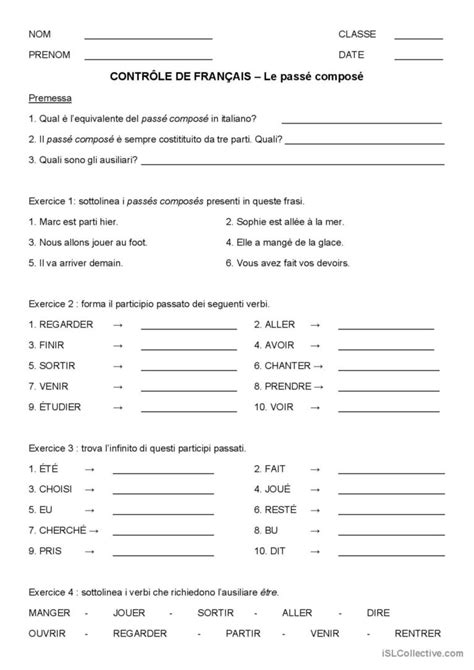 Controle Passé Composé Français Fle Fiches Pedagogiques Pdf And Doc