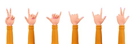 손 제스처 세트 3d 렌더링 평화 바위 샤카 제스처를 보여주는 스웨터에 만화 여성의 손 흰색 배경에 격리 된 다른 징후 3d