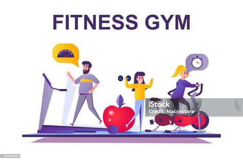 플랫 스타일로 피트니스 체육관 웹 개념 운동 기계에서 활동을하는 사람들 러닝 머신에서 실행 건강한 라이프 스타일 장면 만화 캐릭터의 벡터 일러스트레이션 강사에 대한 스톡