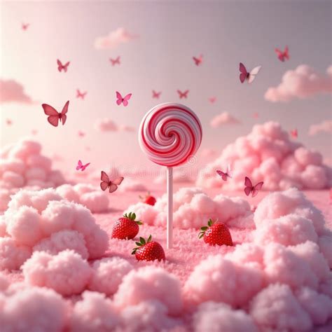 Pink Cloud Wonderland With Lollipop Strawberries Butterflies Fly