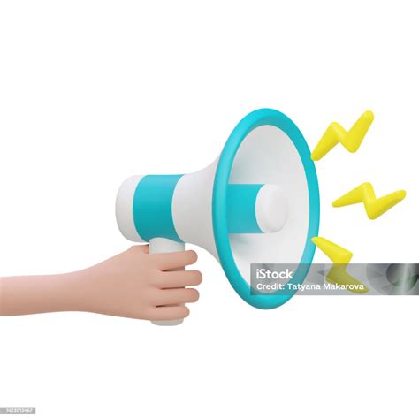 번개 소셜 미디어 마케팅 벡터 일러스트 레이 션과 메가폰을 들고 3d 만화 손 프로모션 광고 라우드 스피커 3차원 형태에 대한