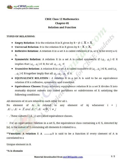 12 Maths Key Notes Ch 01 Relations And Functions Pdf
