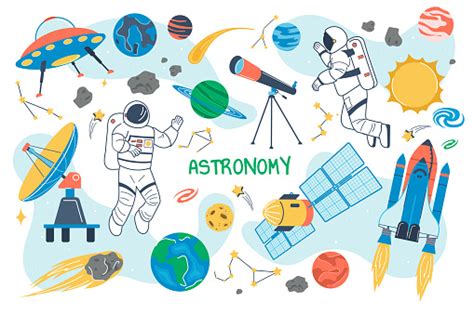 천문학 개념 고립 된 요소 세트 우주 비행사의 번들은 우주 행성 태양계의 천체 우주선 셔틀 위성에서 비행합니다 플랫 만화 디자인의 벡터 일러스트레이션 순서에 대한 스톡 벡터