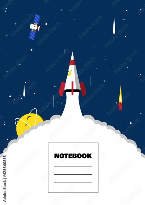 Blue Space Notebook Cover Astronomy Template Design With Rocket Lifting Off Leaving White Smoke