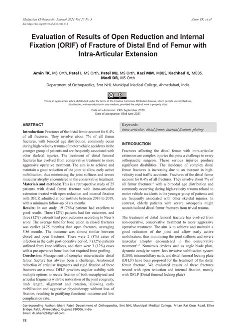 Pdf Evaluation Of Results Of Open Reduction And Internal Fixation Orif Of Fracture Of Distal