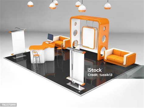 3d 일러스트 고유의 크리에이티브 전시 스탠드 디스플레이 디자인 테이블과 의자 정보 보드 롤업 0명에 대한 스톡 사진 및 기타 이미지 Istock