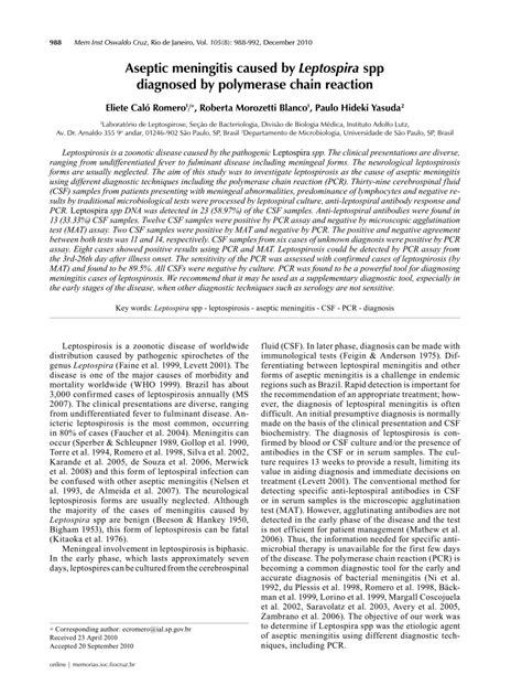 Pdf Aseptic Meningitis Caused By Leptospira Spp Diagnosed By Polymerase Chain Reaction