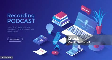 팟캐스트 녹음 온라인 쇼 블로깅 라디오 방송 인터넷 웹 사이트의 팟 캐스팅 라디오 호스트 작업장 마이크 헤드폰 믹서 아이소메트릭 랜딩 페이지 벡터 웹 배너입니다 3차원
