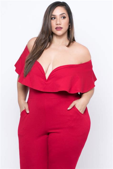 This Plus Size Stretch Knit Jumpsuit Features An Off The Shoulder Neckline A Frill Ruffle