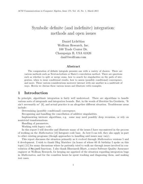 Symbolic Definite And Indefinite Integration Methods Sigsam