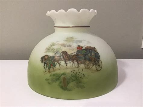 vintage milk glass green fitter lamp shade with stage coach image etsy