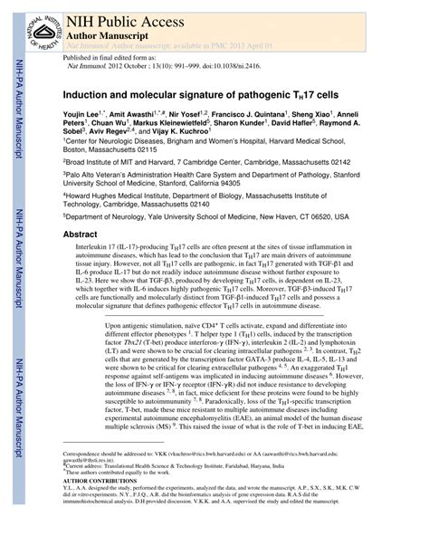 Pdf Induction And Molecular Signature Of Pathogenic Th17 Cells