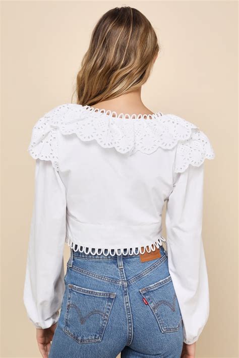 Ivory Cotton Eyelet Top Embroidered Crop Top Long Sleeve Top Lulus