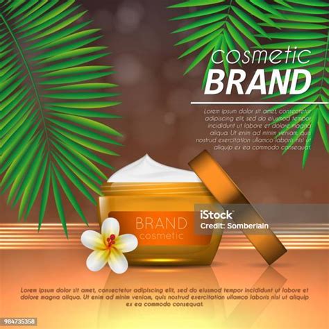 이국적인 야자수와 추상 오렌지 배경에 여름 선크림 화장품 디자인 서식 파일 나뭇잎 현실적인 태양 보호와 제품 광고입니다 3차원 형태에 대한 스톡 벡터 아트 및 기타 이미지