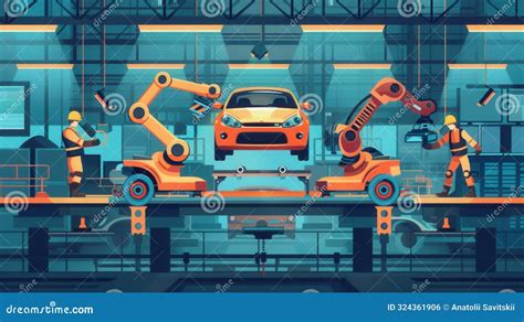 An Illustration Of A Modern Car Factory Assembly Line Featuring Robots And Human Workers