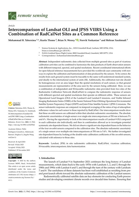Pdf Intercomparison Of Landsat Oli And Jpss Viirs Using A Combination Of Radcalnet Sites As A