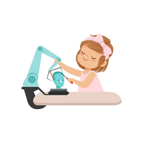 로봇 로봇 공학을 구축하고 흰색 배경에 격리된 어린이 교육 프로젝트 개념 벡터 그림을 위한 프로그래밍을 하는 귀여운 소녀