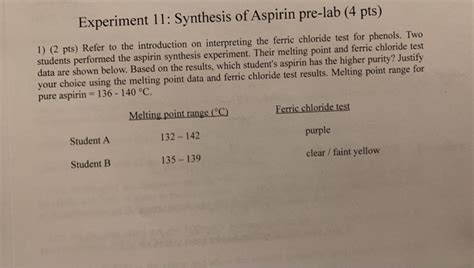 Solved Experiment 11 Synthesis Of Aspirin Pre Lab 4 Pts Chegg Com