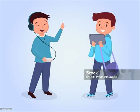 십대 친구 회의 평면 벡터 그림입니다 헤드폰을 쓰고 음악을 듣고 태블릿 문자를 사용 하 여 가방이 있는 스쿨키드 세트 동급생 은 파란색 배경에 클립 아트를 고립 가방에 대한