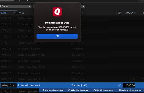 Why Is Invalid Instance Date Error Given When Editing Marking Current Instance Transaction