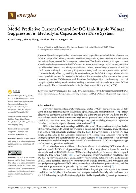 Pdf Model Predictive Current Control For Dc Link Ripple Voltage Suppression In Electrolytic