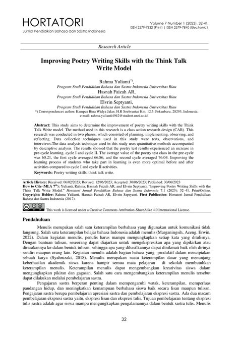 Pdf Improving Poetry Writing Skills With The Think Talk Write Model