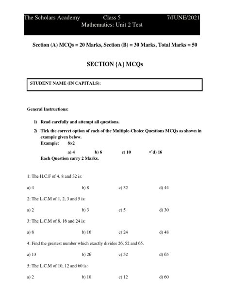 Class 5 Math Unit 2 Test Factors And Multiples Mcqs Subjective Pdf