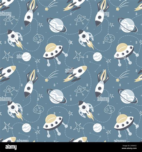 Rockets In Space Seamless Pattern Galaxy Dreams Universe Space Trip Flight Among Planets