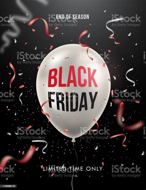 브로셔 전단지 포스터 및 소셜 네트워크에 대한 블랙 프라이데이 세일 디자인 색종이 및 판매 텍스트와 3d 실버 풍선 개념에 대한 스톡 벡터 아트 및 기타 이미지 Istock