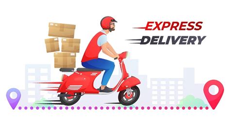 흰색 바탕에 보라색과 빨간색 핀이 있는 도시를 통과하는 길에 택배와 상자가 있는 빨간색 빠른 복고풍 배달 오토바이 디자인 전단지 포스터 배너 웹 광고에 대 한 벡터 일러스트