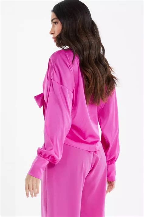 Pink Satin Tie Cropped Blouse Quiz Clothing