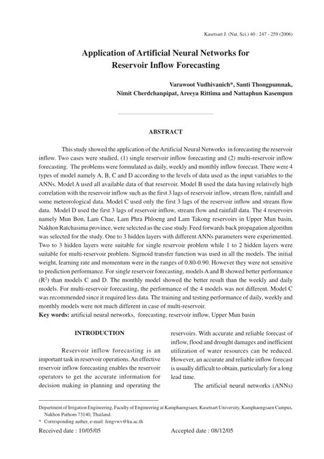 pdf application of artificial neural networks for reservoir inflow