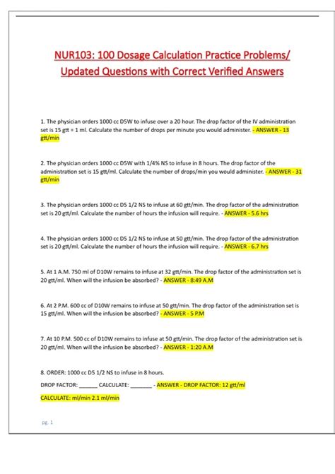 Nur103 100 Dosage Calculation Practice Problems Updated Questions With Correct Verified
