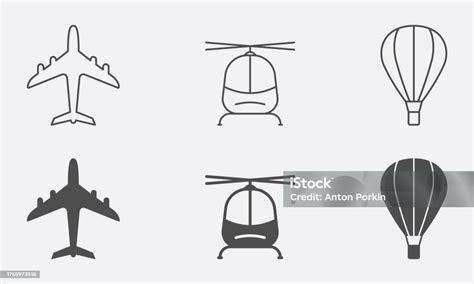 비행기 헬리콥터 열기구 라인과 실루엣 아이콘 세트 항공 운송 픽토그램 Jet Cargo Shipping Symbol Collection 항공 운송 고립된 벡터 삽화 개인