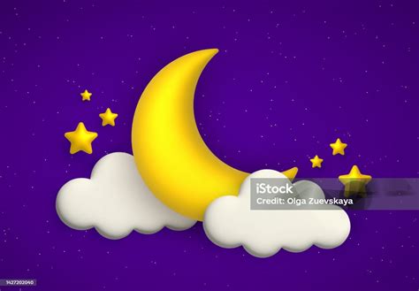 3d 구름 황금 달과 별과 귀여운 밤하늘 배경 3d 만화 벡터 일러스트 레이 션 달 하늘에 대한 스톡 벡터 아트 및 기타 이미지 달 하늘 잠자기 3차원 형태 Istock