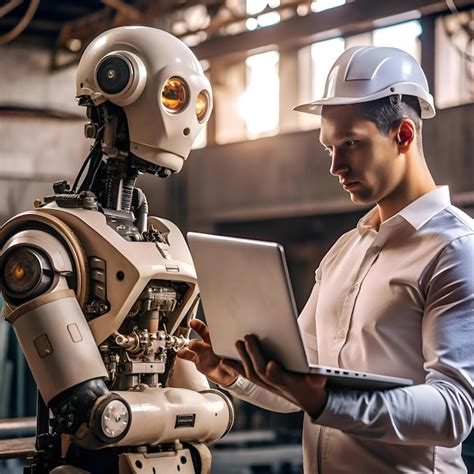 A Futuristic Robot And A Human Engineer Work Side By Side On A Laptop Representing The