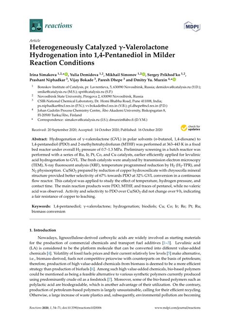 Pdf Heterogeneously Catalyzed γ Valerolactone Hydrogenation Into 14