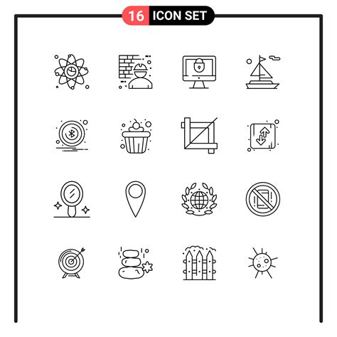 Outline Pack Of 16 Universal Symbols Of Alert Boat Man Beach Lock