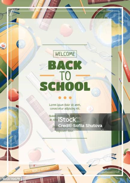 학교 배낭 지구 및 교과서가있는 전단지 디자인 학교 시간 학교로 돌아 가기 교육 전단지 포스터 배너 크기 4 학용품에 대한 스톡 벡터 아트 및 기타 이미지 Istock