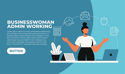 사업가 관리자 작업 사무 관리 행정 작업 플랫 벡터 일러스트 레이 션 웹 배너 및 슬라이더 디자인 전문 효율성 사무 생산성 여자에 대한 스톡 벡터 아트 및 기타 이미지
