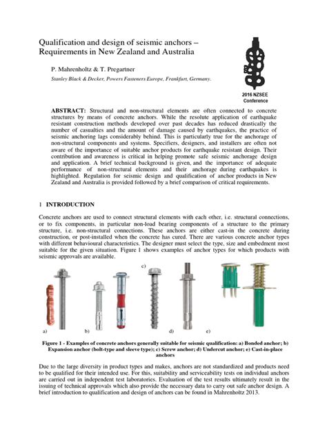 Qualification And Design Of Seismic Anchors Requirements In New Zealand And Australia Pdf