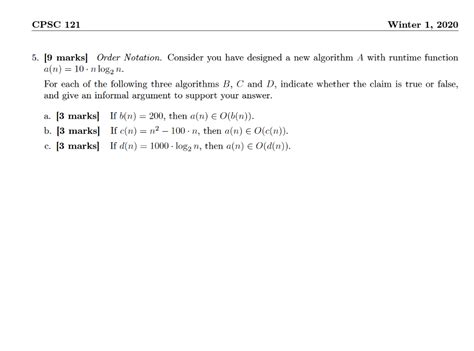Solved Cpsc 121 Winter 1 2020 5 9 Marks] Order Notation