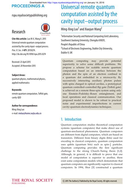 PDF Universal Remote Quantum Computation Assisted By The Cavity Inputoutput Process