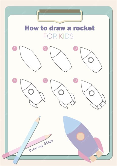 로켓을 그리는 방법 아이 벡터 템플릿에 대한 쉬운 그리기 단계 프리미엄 벡터