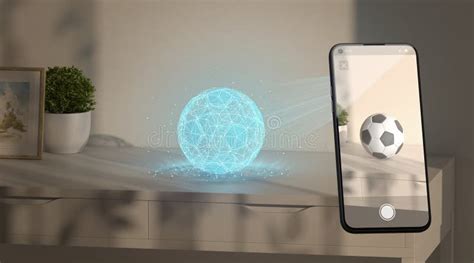 Virtual Soccer Ball Hologram On Table Phone Display Augmented Reality